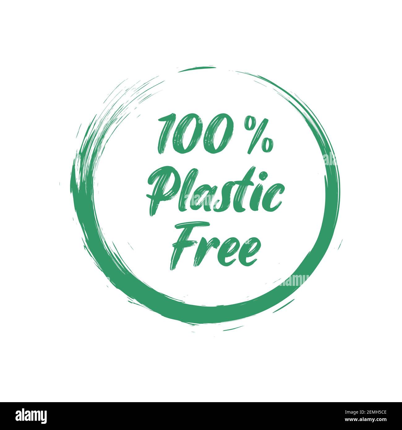 100% plastic free sign. Zero plastic icon, stamp. Green circle. Brush ...