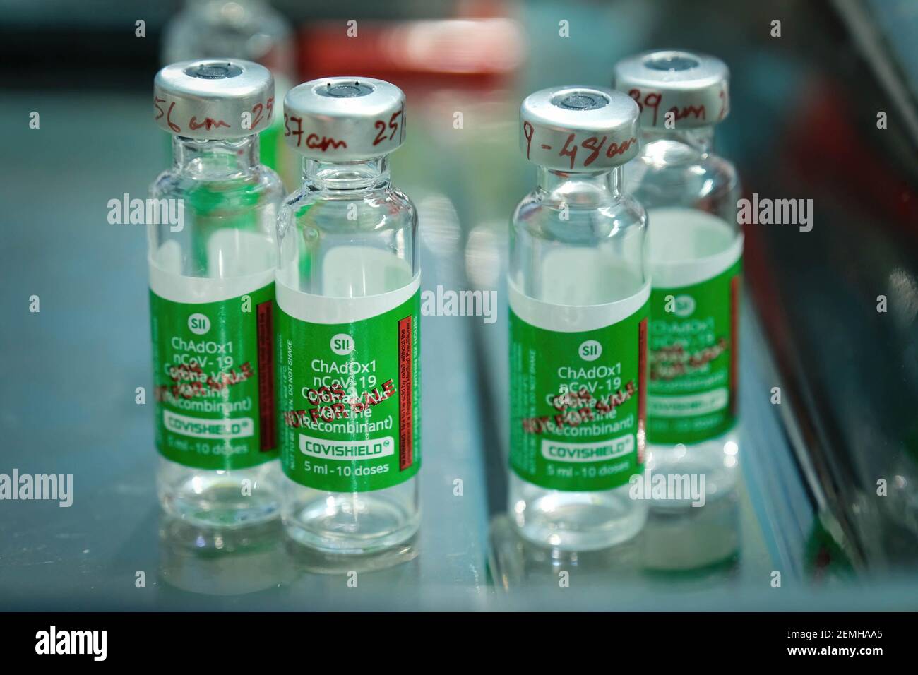 Covishield Coronavirus vaccine vials seen at the Madhyamgram Hospital ...