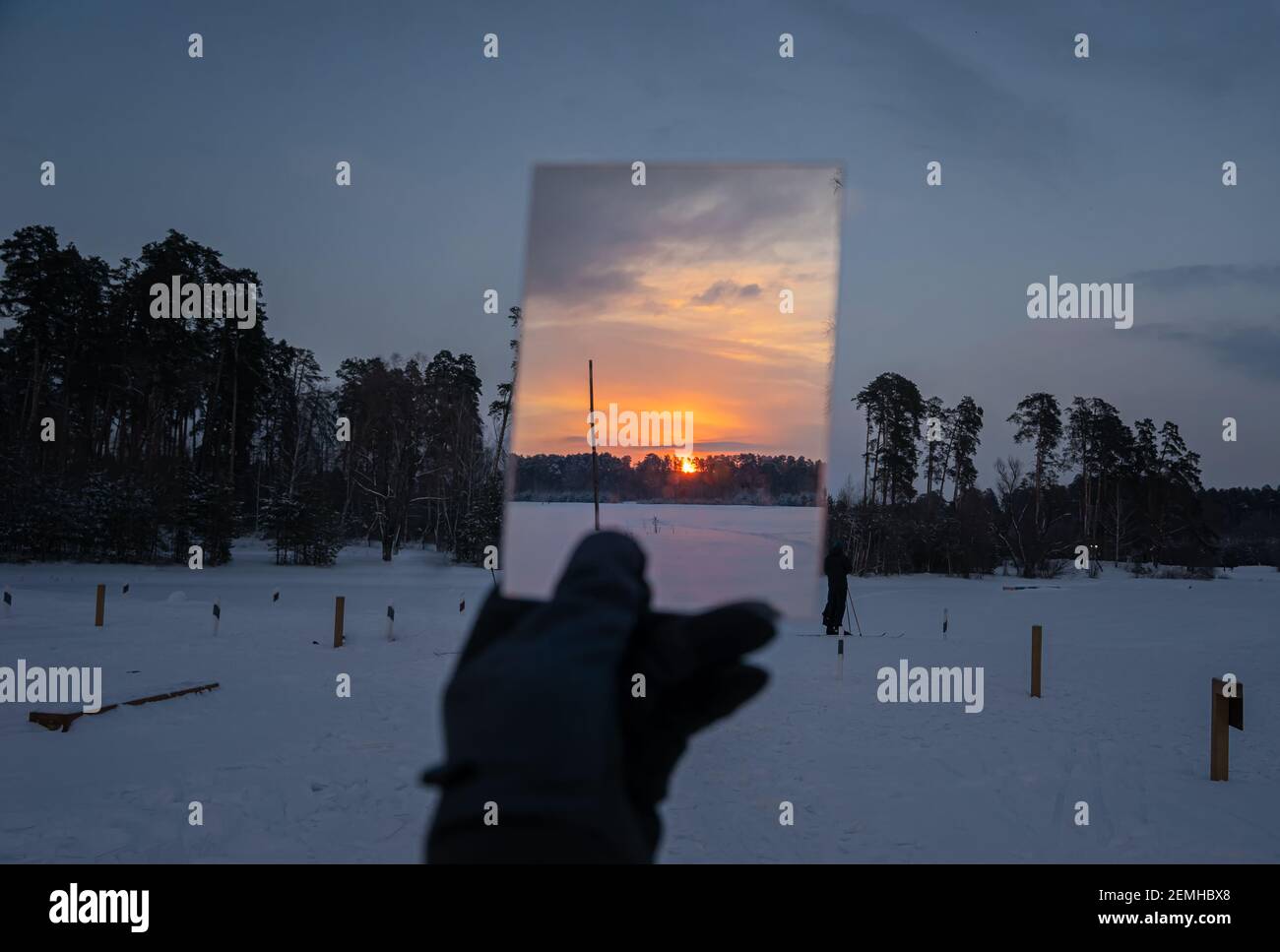 Winter forest at sunset. Reflection of the sun. The hand holds the ...
