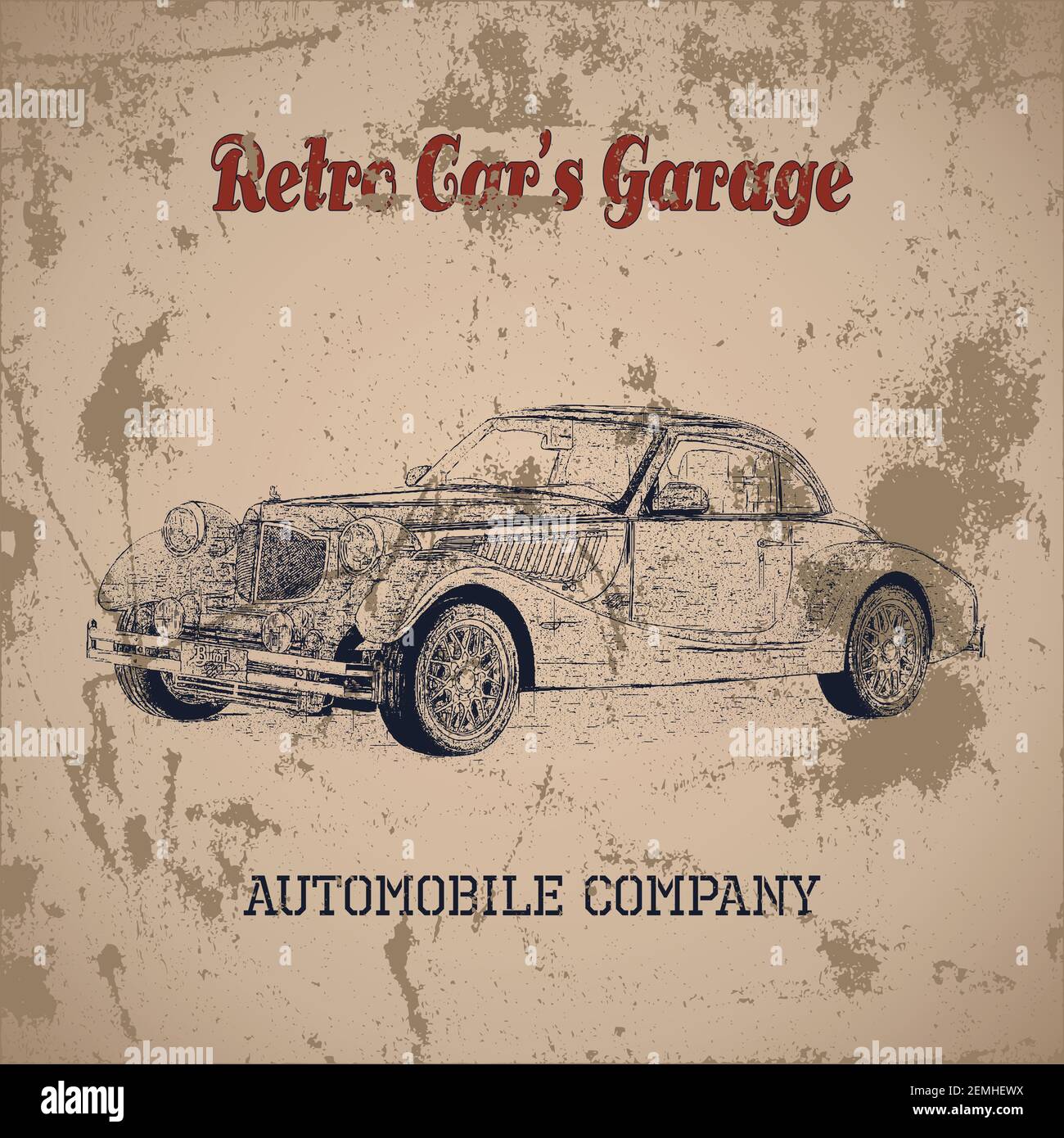 Hand drawn vintage retro car silhouette, distressed texture, grunge ...
