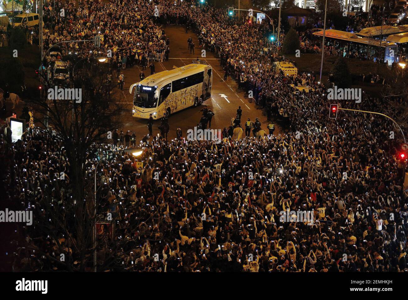 The Real Madrid bus arrive to Santiago Bernabeu before the Copa del Rey ...