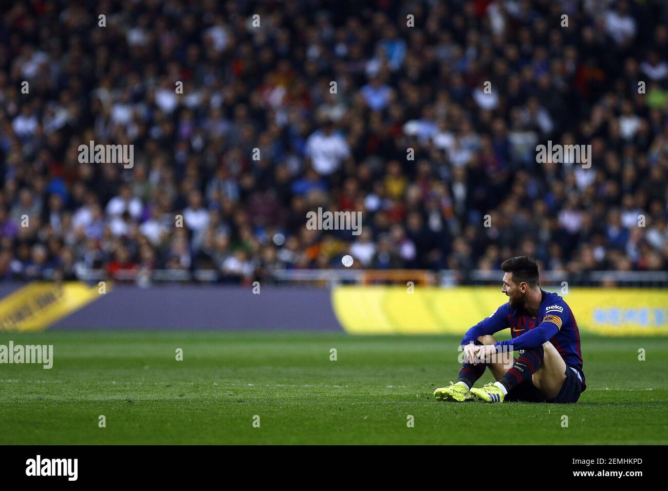 Lionel Messi seen sitting on the pitch during the Copa del Rey semi ...
