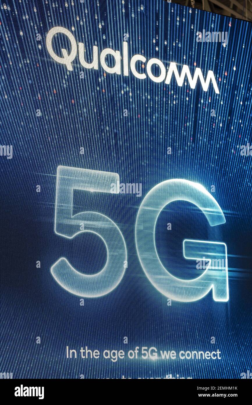 The Qualcomm 5G logo is seen during the MWC2019. The MWC2019 Mobile ...