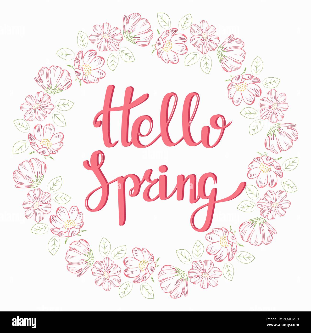 Circular frame made of flowers. Vector covers and inscription. Hello ...