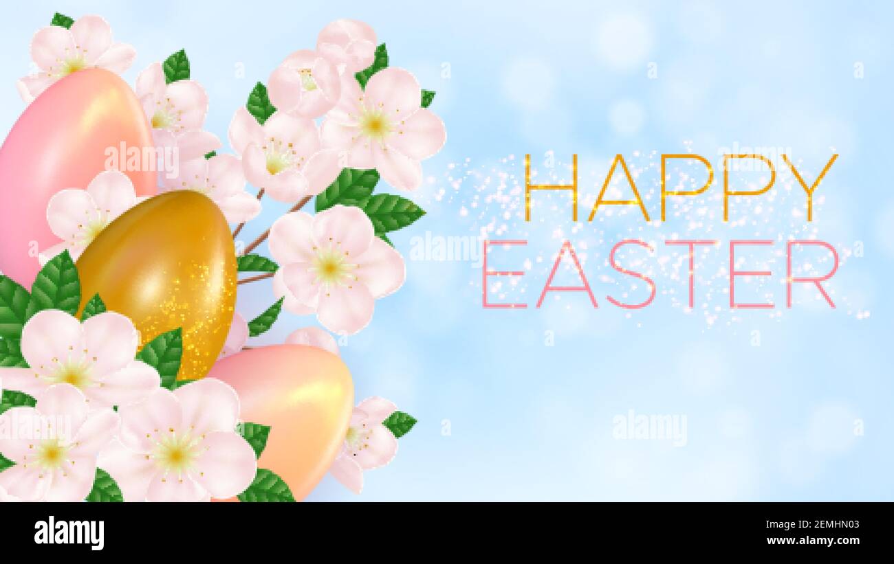 Easter light blue background with realistic easter eggs and cherry ...