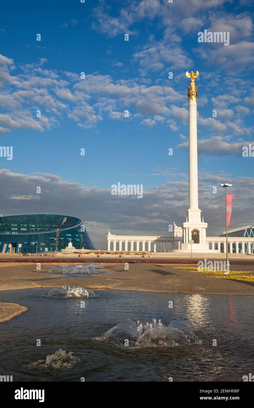 Kazakhstan, Astana, KazakYeli monument (Kazakh Country) with Shabyt ...