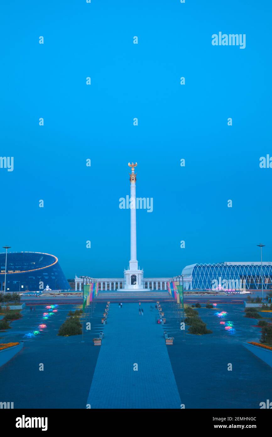 Kazakhstan, Astana, KazakYeli monument (Kazakh Country) with Shabyt ...