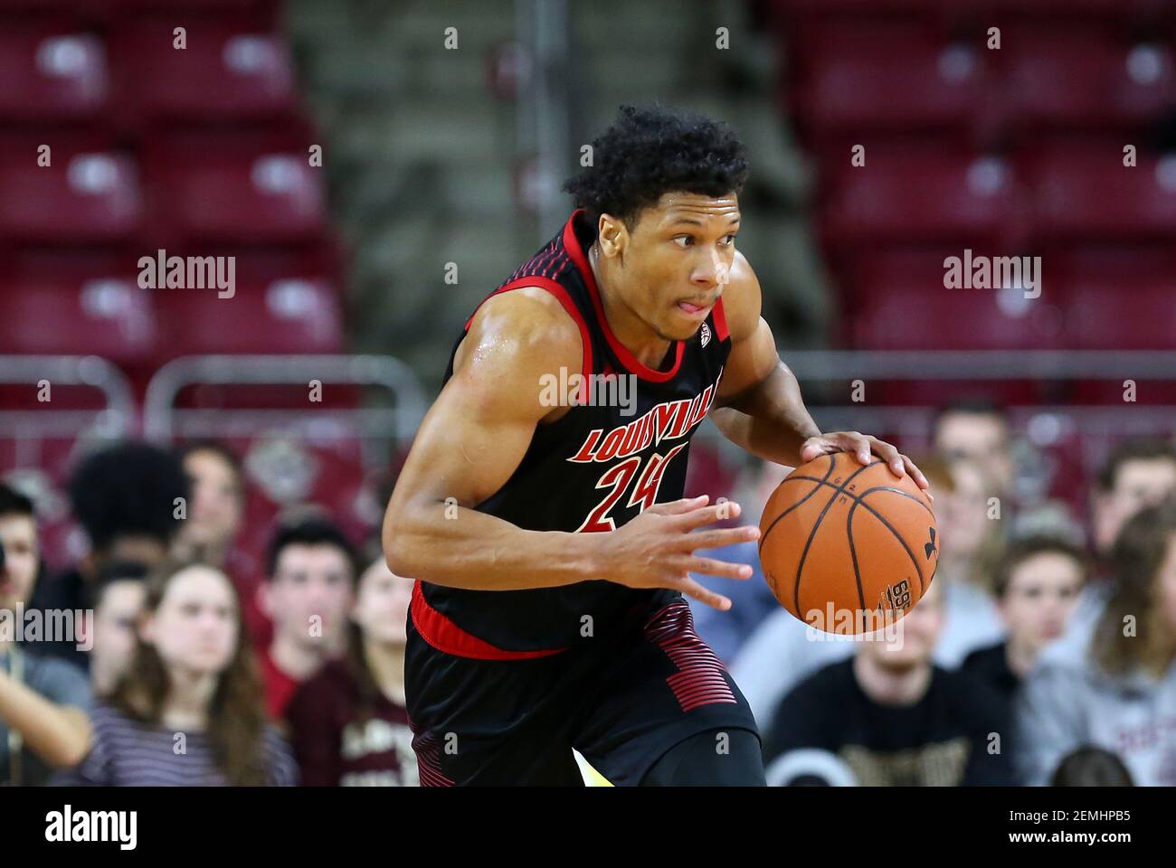 February 27, 2019; Chestnut Hill, MA, USA; Louisville Cardinals forward ...