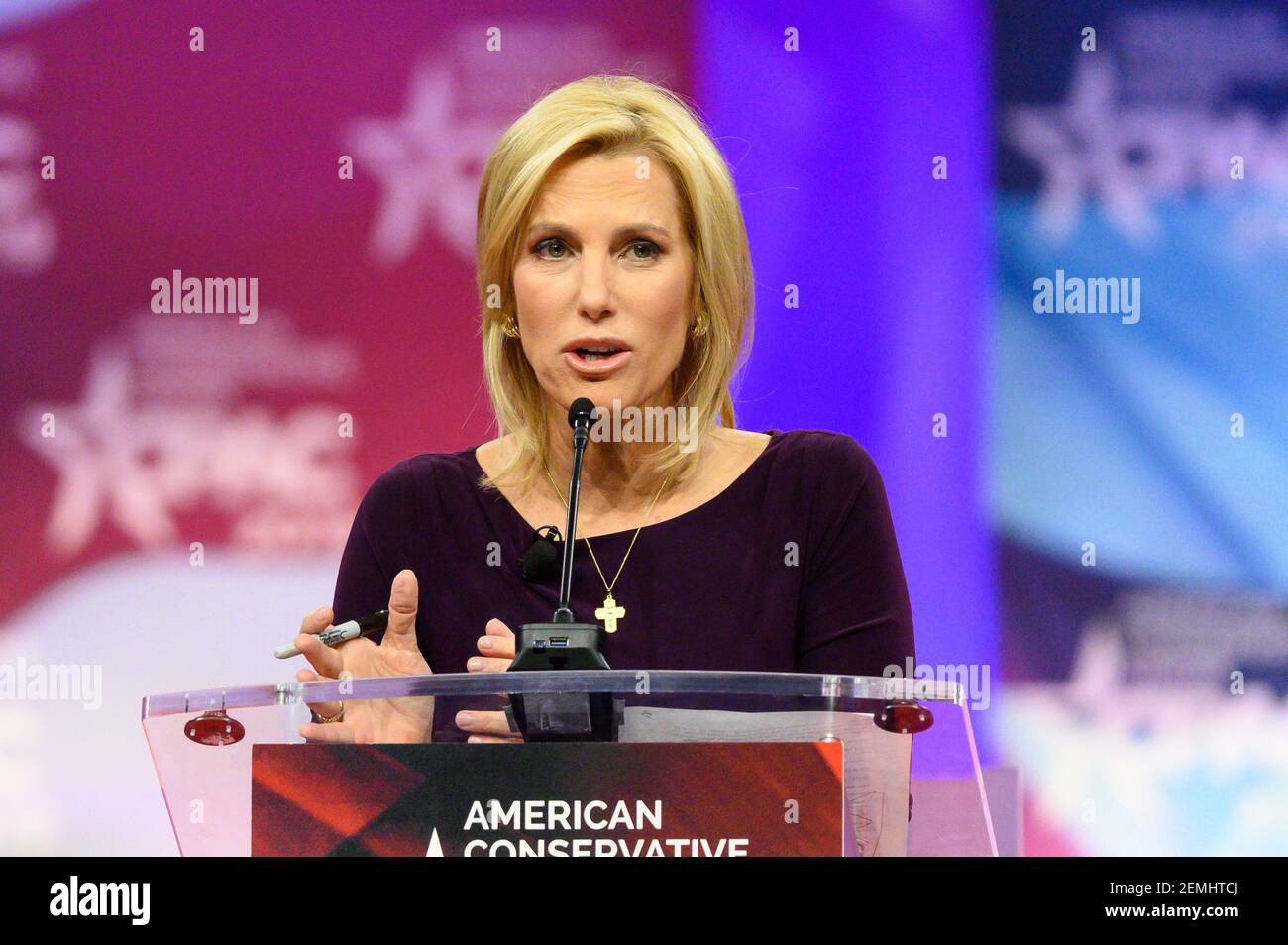 Laura Ingraham, host of The Ingraham Angle on Fox News Channel, at the ...