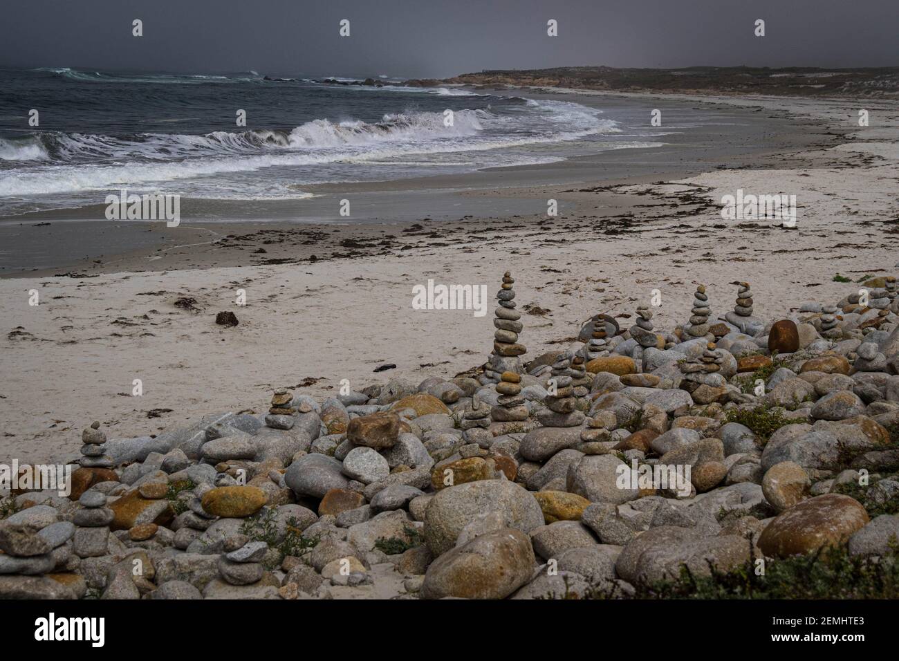 Towers of pebbles on Spanish Bay Beach, California Stock Photo - Alamy