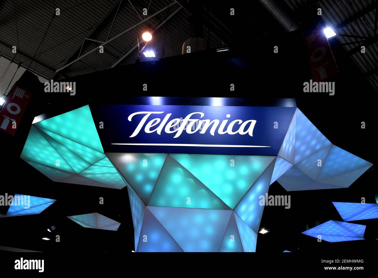 Logo of the Spanish telephone brand Telefonica seen during the Mobile ...