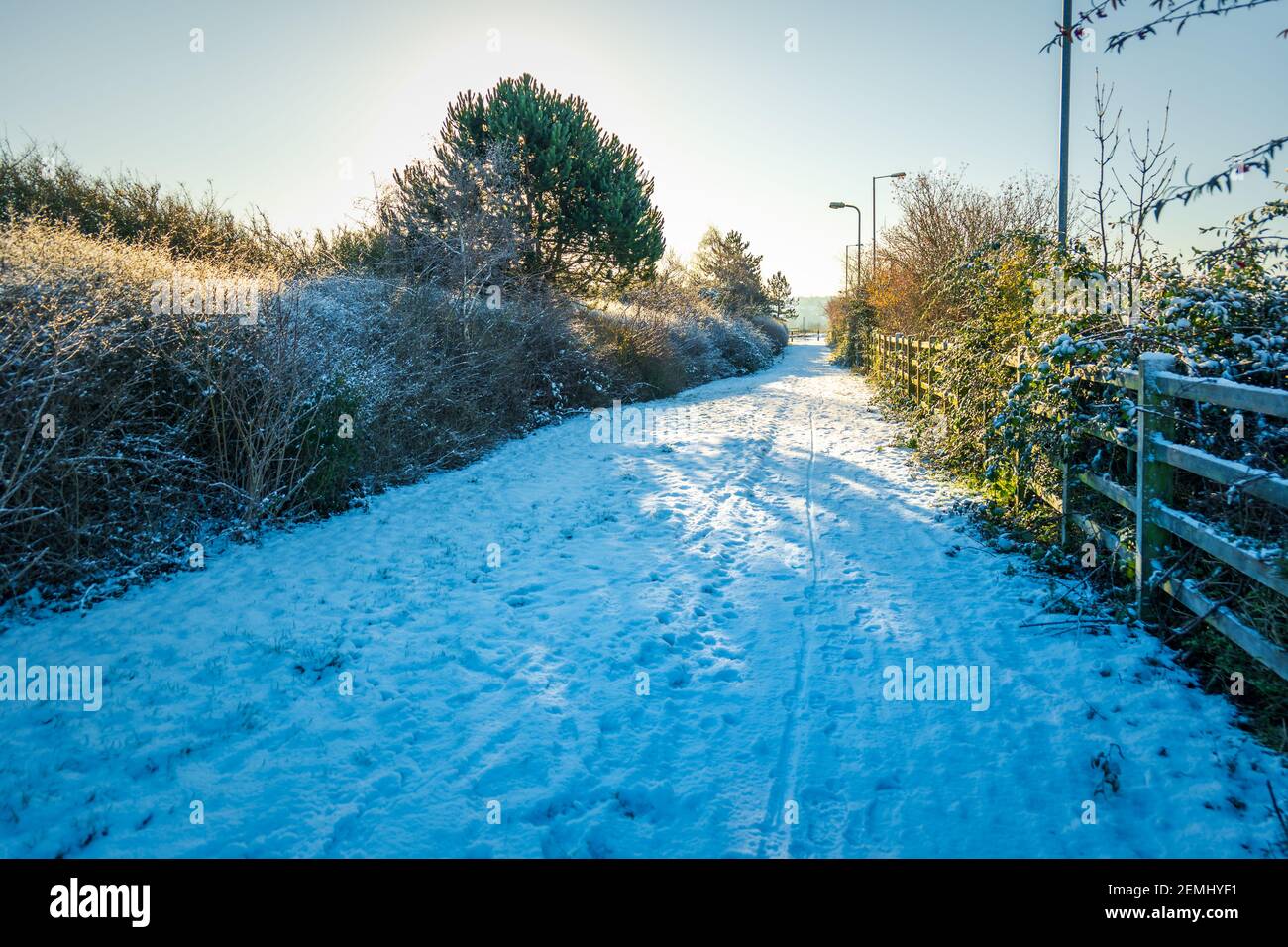 empty pedestrian footpath covered with winter snow in england uk Stock ...