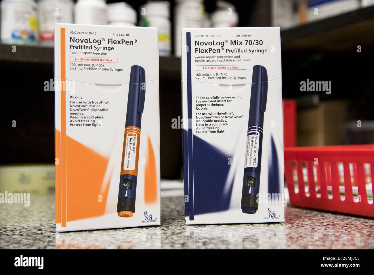 Packages of NovoLog insulin injectors, manufactured by Novo Nordisk ...