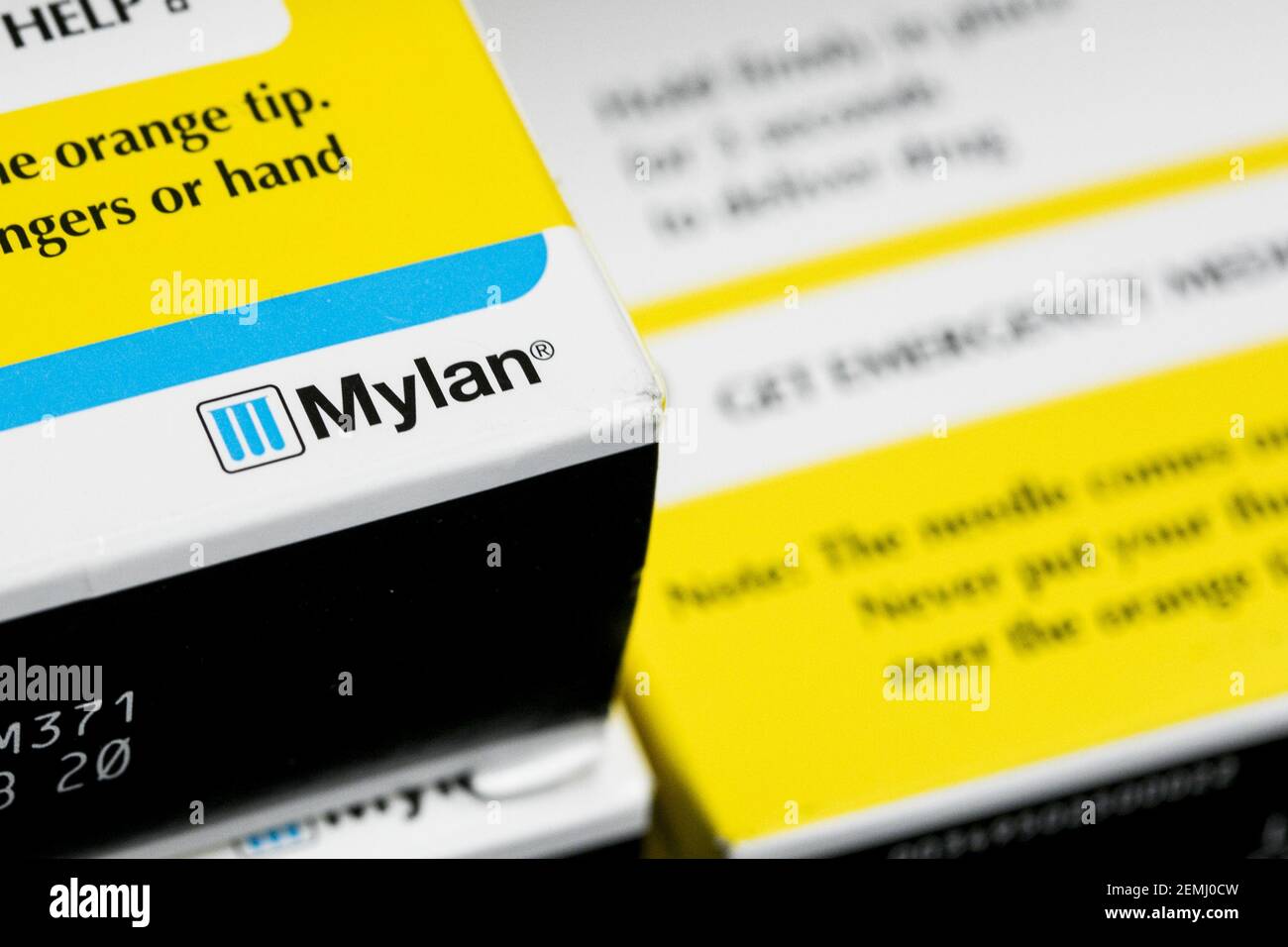 A package containing EpiPen (Epinephrine) prescription pharmaceuticals ...