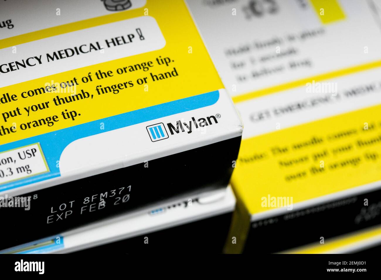 A package containing EpiPen (Epinephrine) prescription pharmaceuticals ...