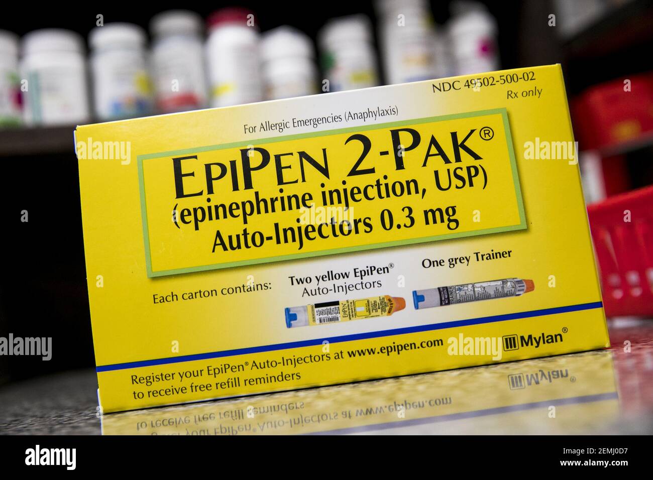 A package containing EpiPen (Epinephrine) prescription pharmaceuticals ...