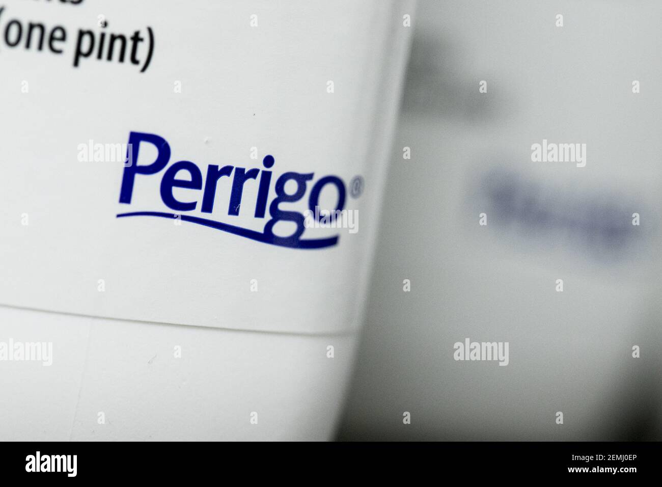 A Perrigo Company logo is seen on prescription pharmaceutical packaging ...