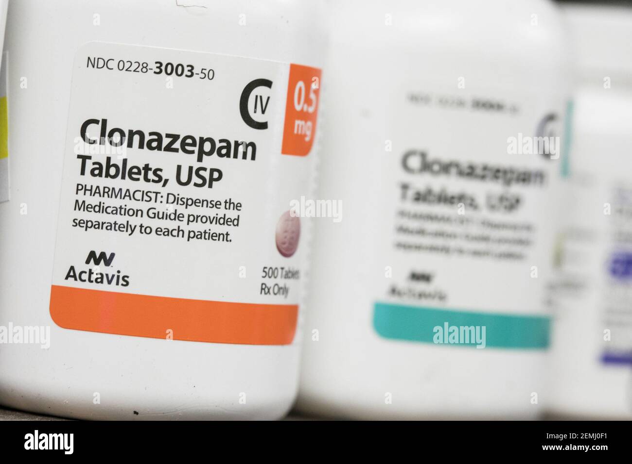 Bottles of Clonazepam prescription pharmaceuticals photographed in a ...