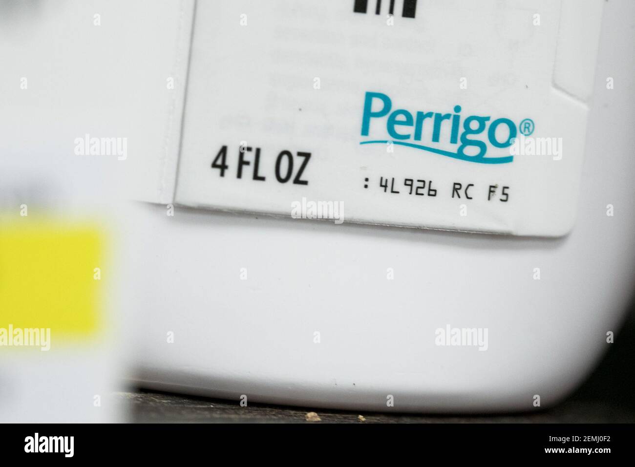 A Perrigo Company logo is seen on prescription pharmaceutical packaging ...