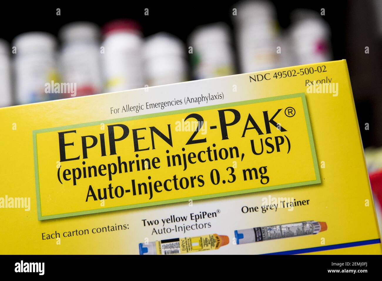 A package containing EpiPen (Epinephrine) prescription pharmaceuticals ...