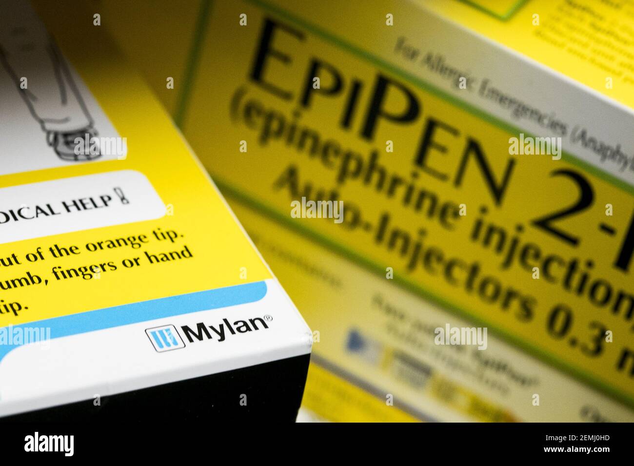 A package containing EpiPen (Epinephrine) prescription pharmaceuticals ...