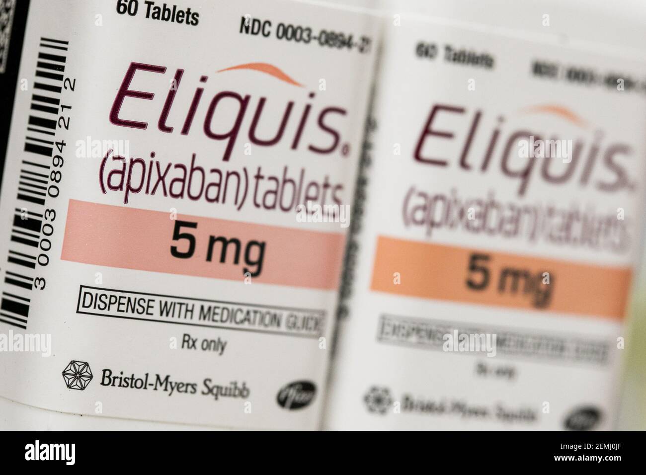 Bottles of Eliquis (Apixaban) prescription pharmaceuticals photographed ...