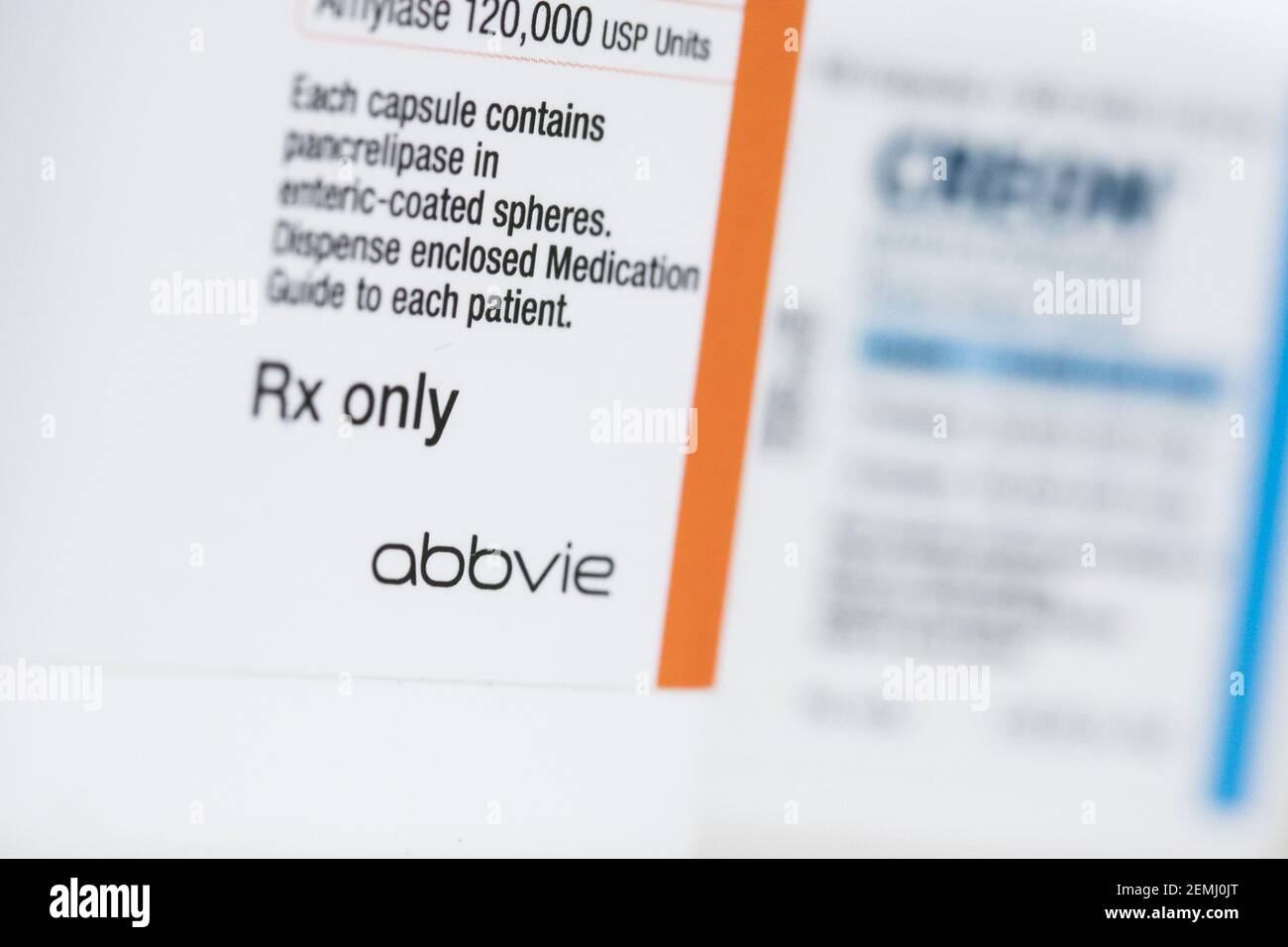 Bottles of Creon (pancrelipase) prescription pharmaceuticals ...