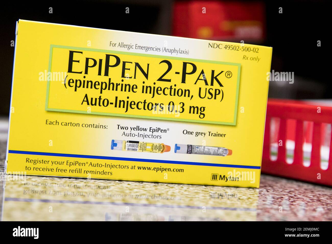A package containing EpiPen (Epinephrine) prescription pharmaceuticals ...