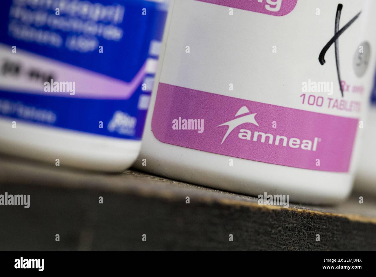 A Amneal Pharmaceuticals logo is seen on prescription pharmaceutical ...
