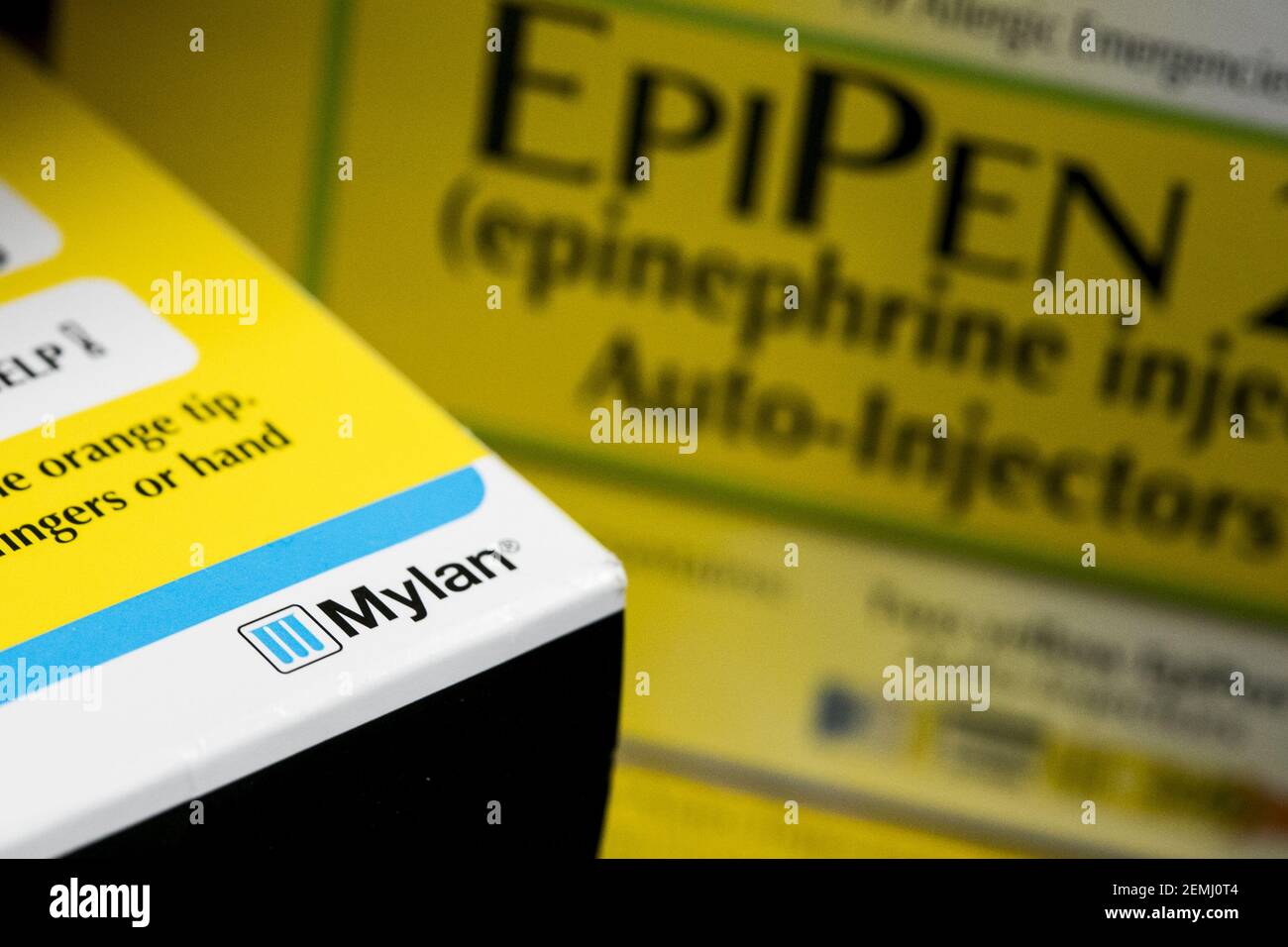 A package containing EpiPen (Epinephrine) prescription pharmaceuticals ...
