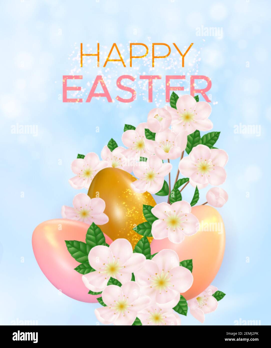 Easter light blue background with realistic easter eggs and cherry ...