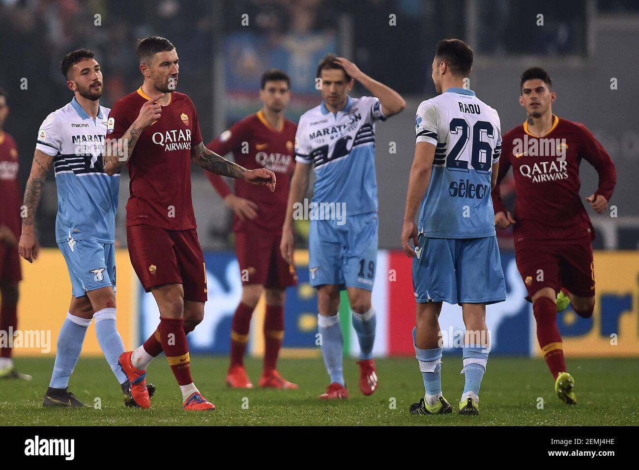 Aleksandar Kolarov of AS Roma argues with Stefan Radu of Lazio Roma 2-3 ...