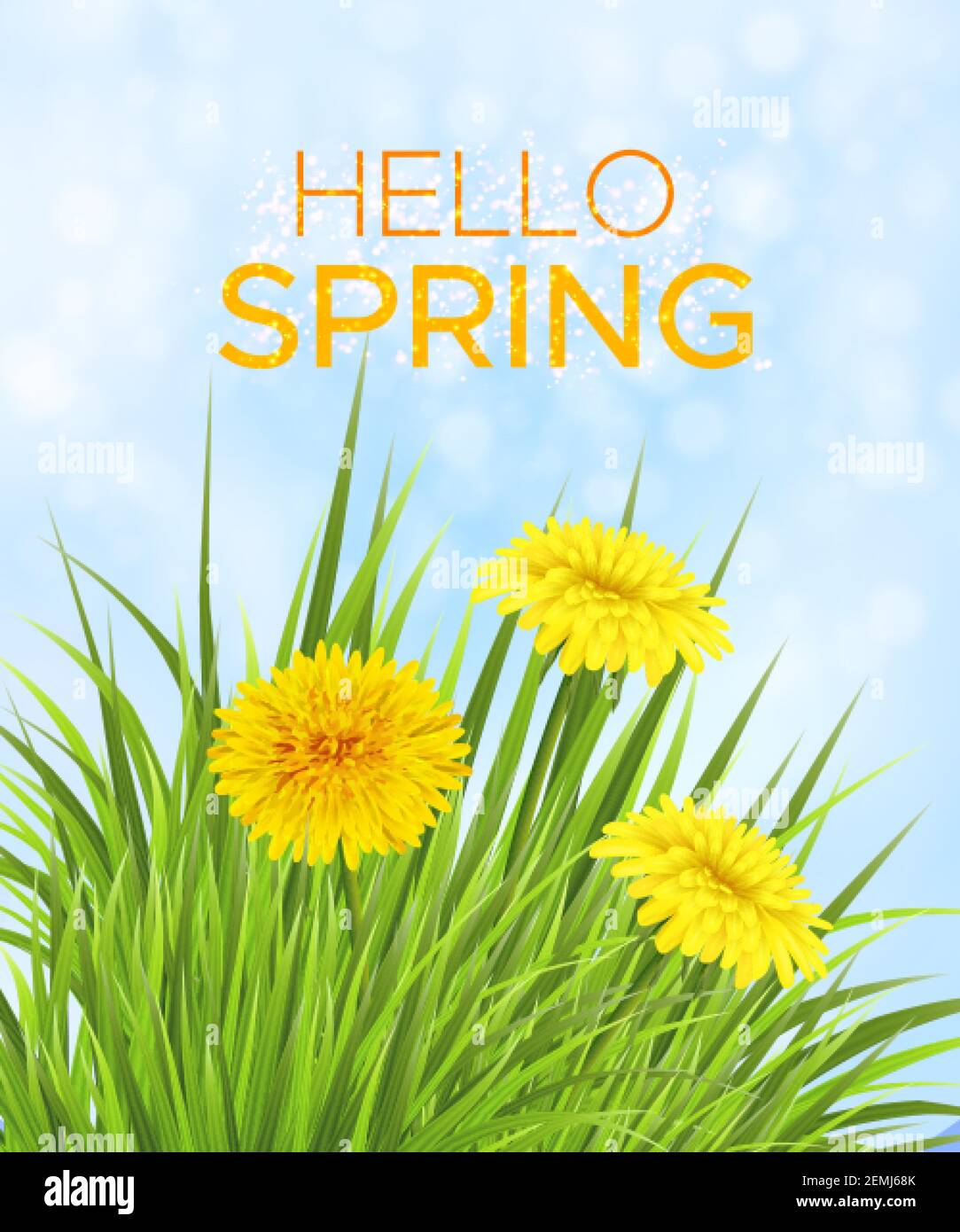 Spring light blue sky background with grass and dandelions. Template ...