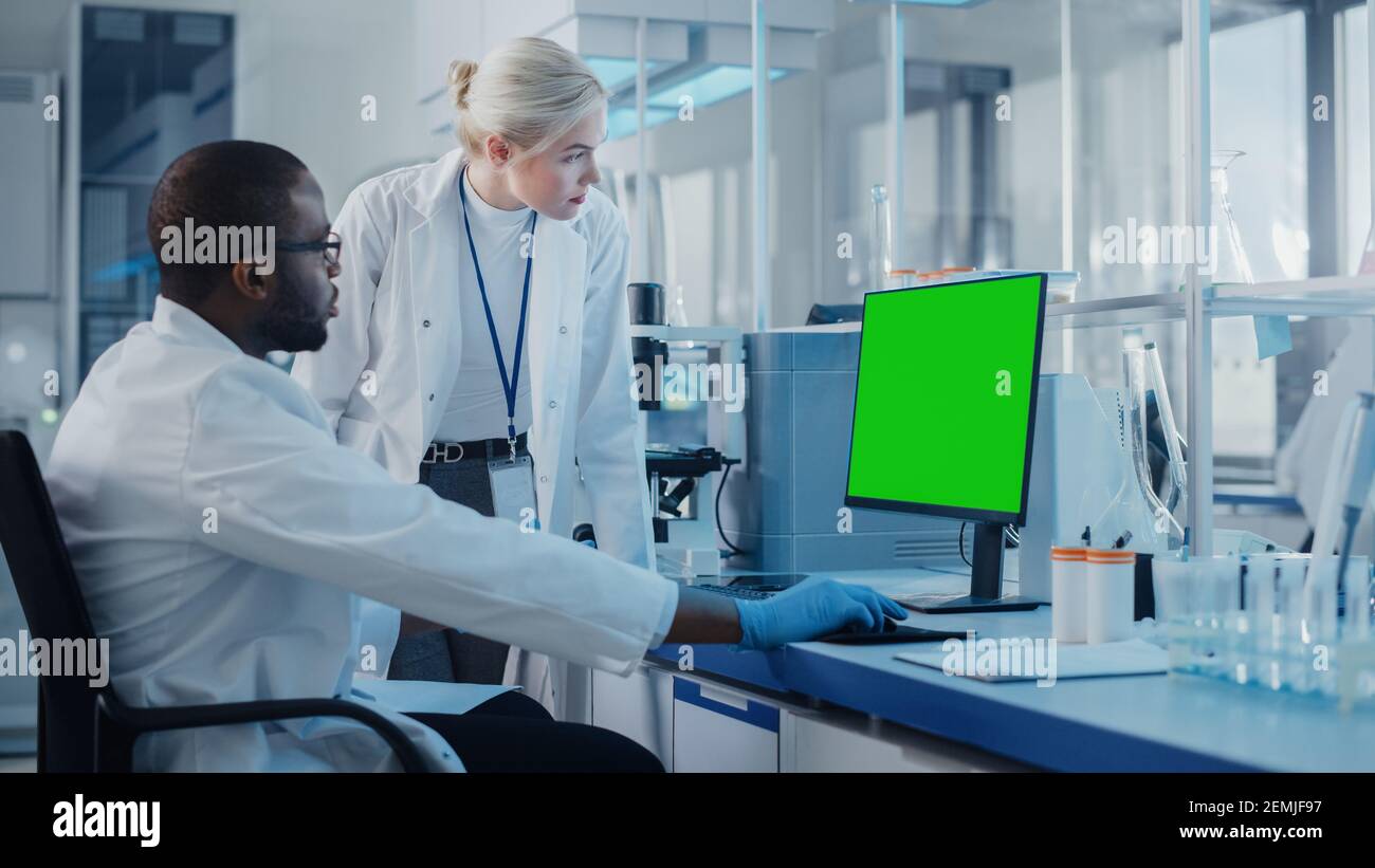 Modern Medical Research Laboratory: Two Scientists Use Computer with ...