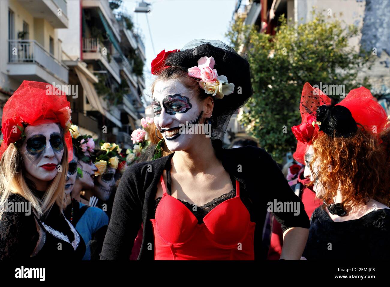 A woman with the dead make up seen smiling at the camera during the ...