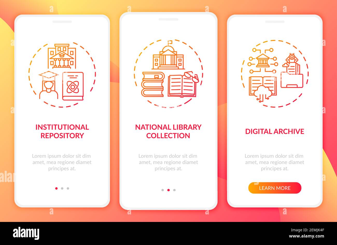 Types of digital libraries onboarding mobile app page screen with ...