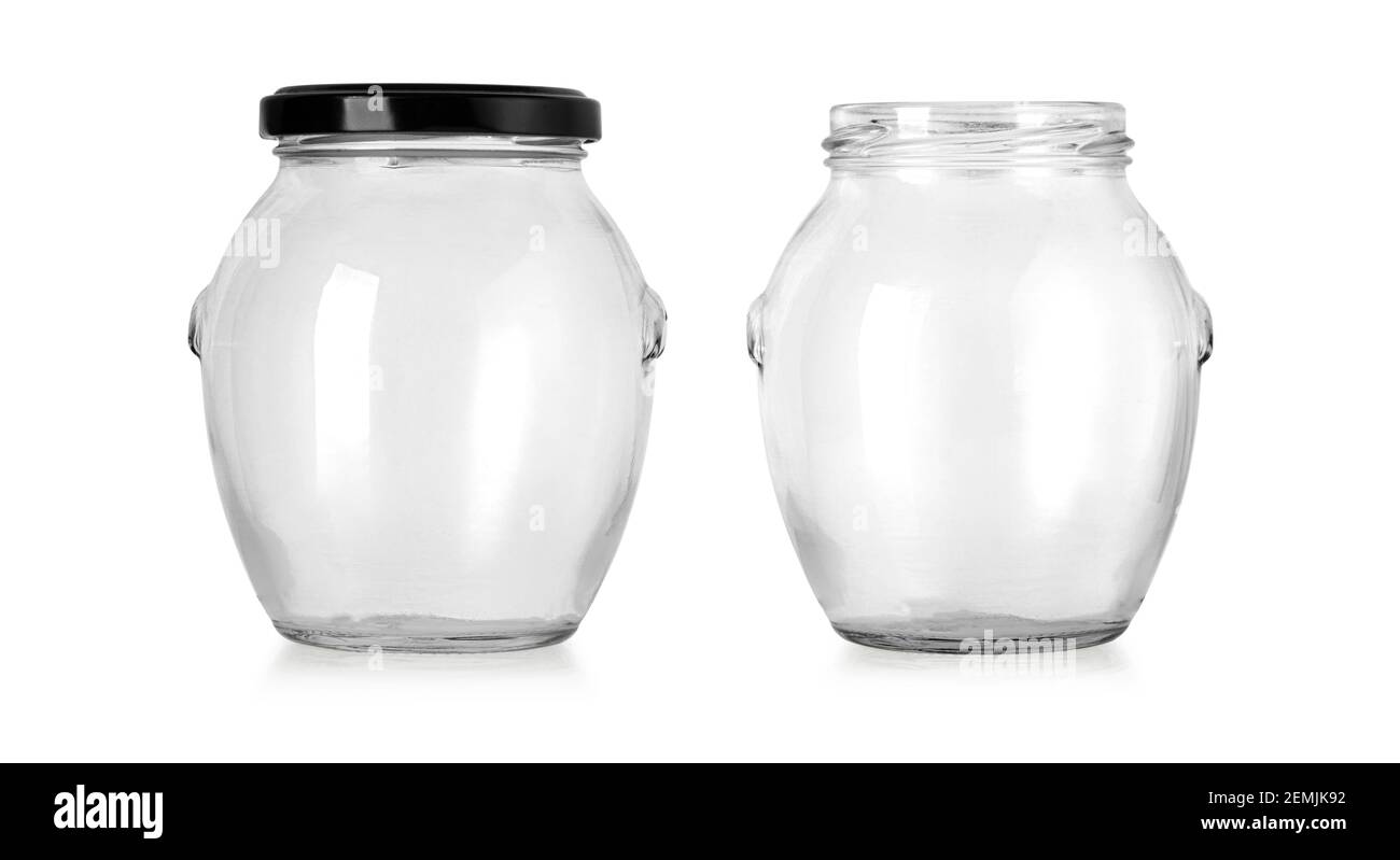 empty glass jar for food and canned food isolated on white with ...