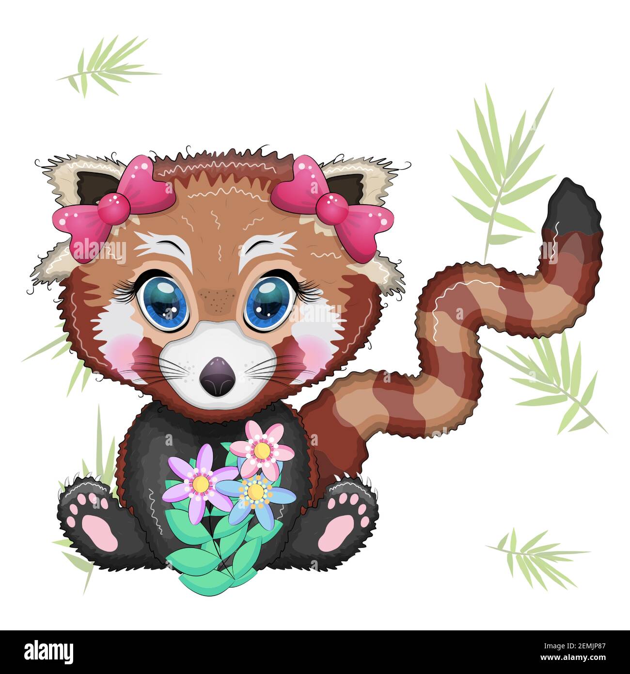 Red panda girl with bows and bouquet, holiday concept, mother's day ...
