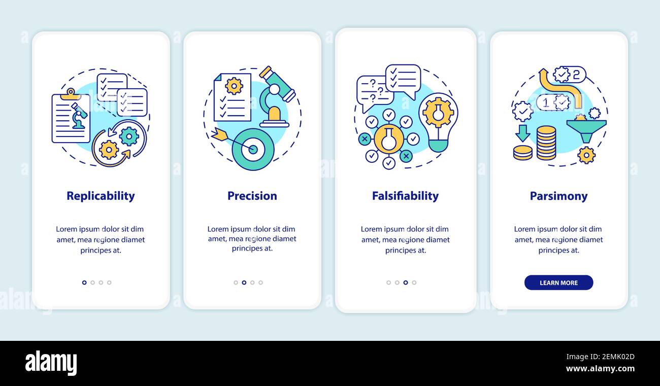 Scientific method requirements onboarding mobile app page screen with ...