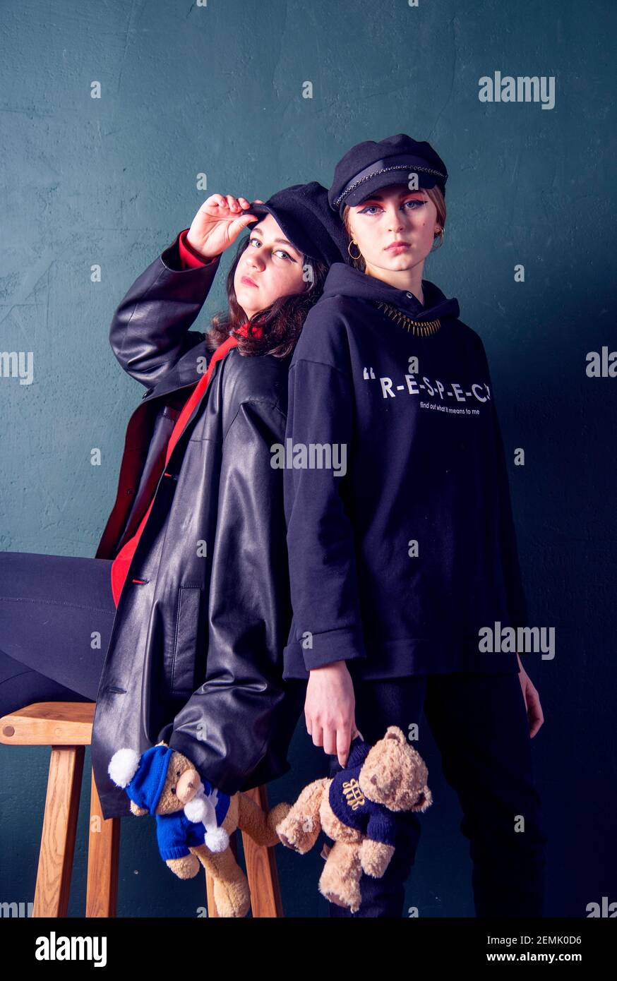 Russia, Moscow, February 2021.Two teenage girls dressed in grunge style ...