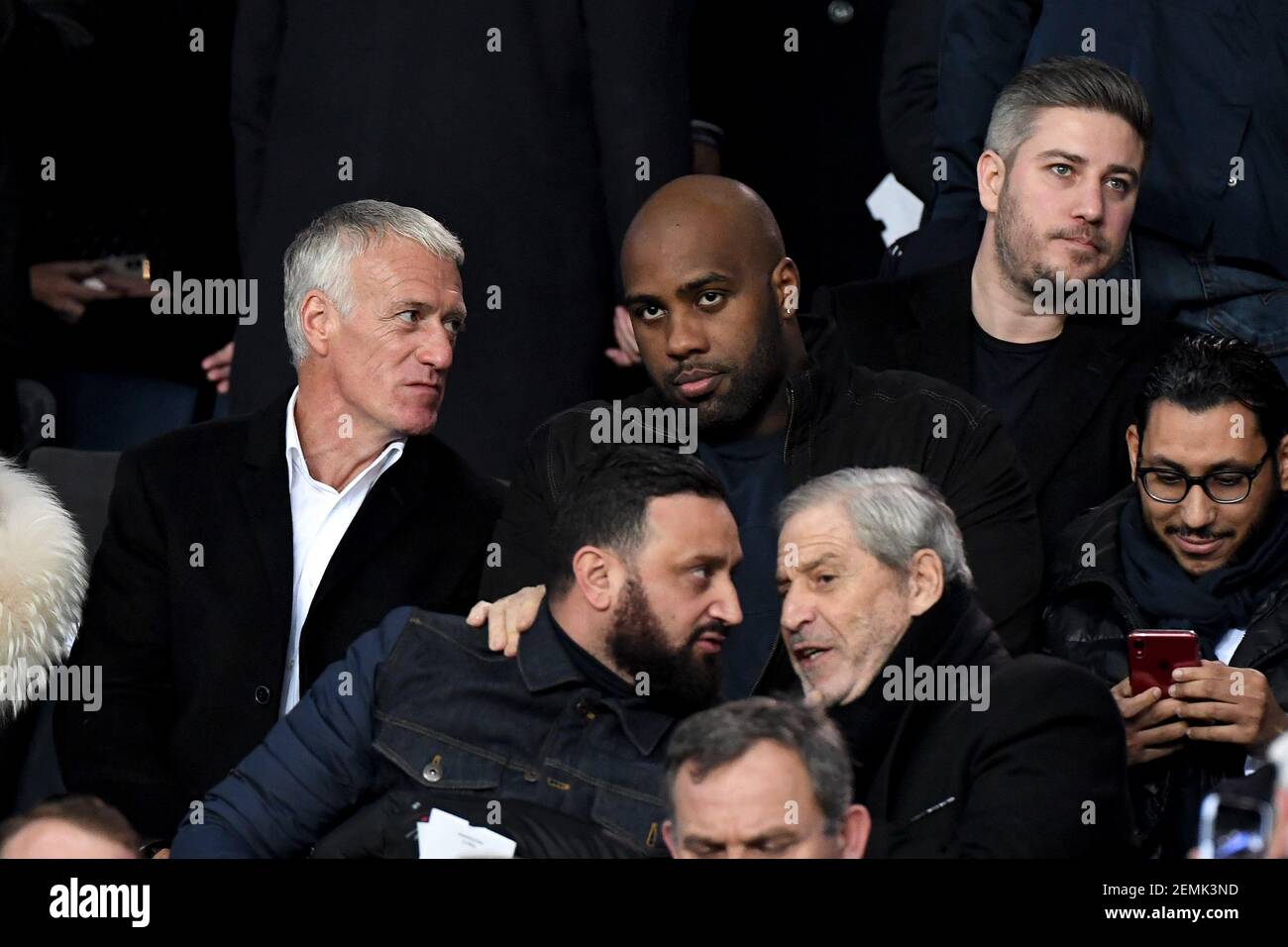 Cyril Hanouna, Teddy Riner, Didier Deschamps at the PSG vs Manchester ...