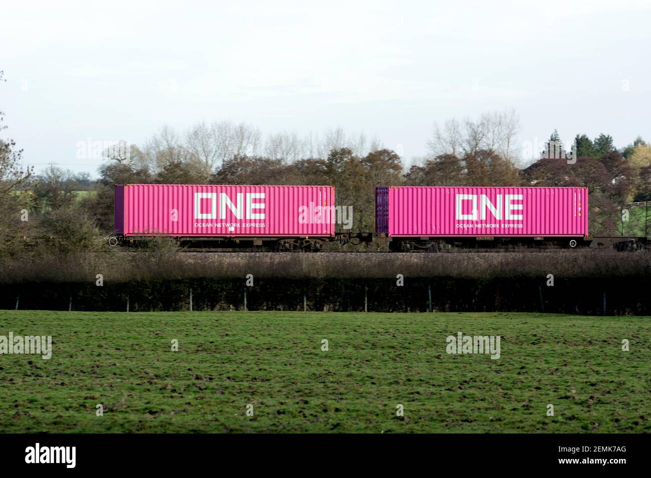 Two Ocean Network Express shipping containers on a freightliner train ...