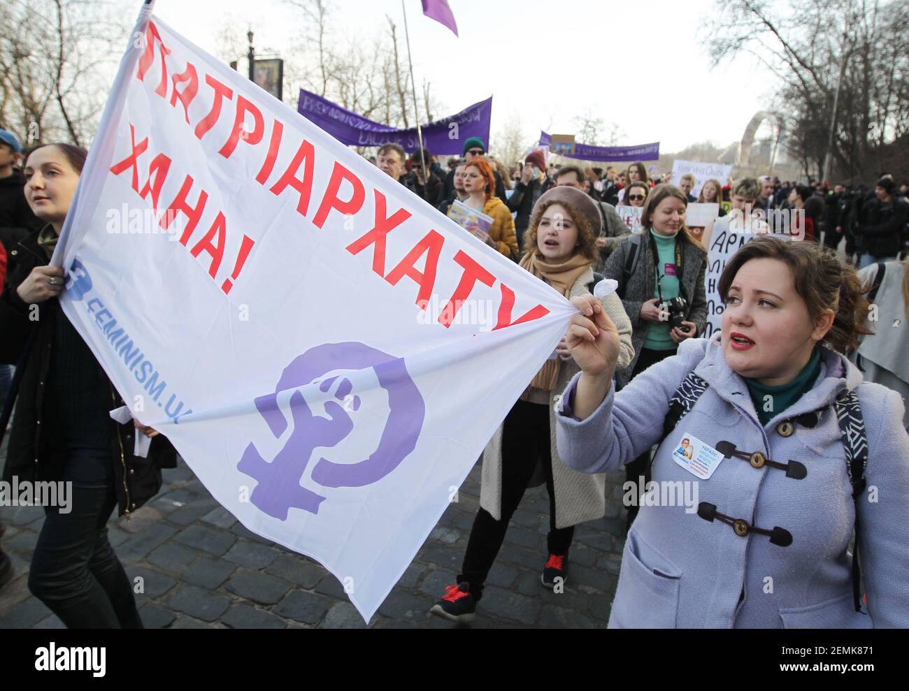 Protesters are seen holding a banner during the protest. Ukrainian ...