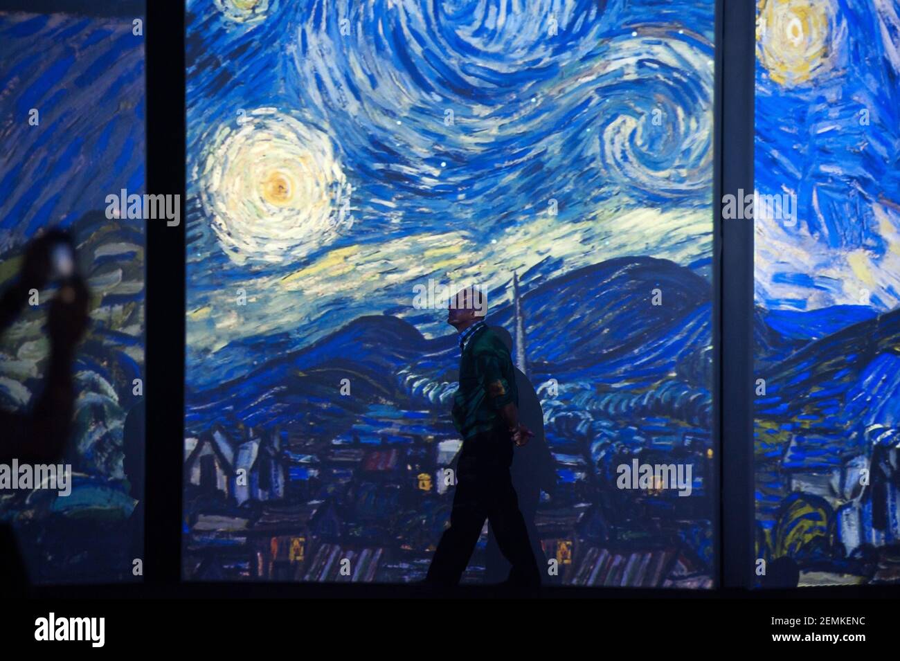 A visitor is seen walking past an images during the opening of the ...