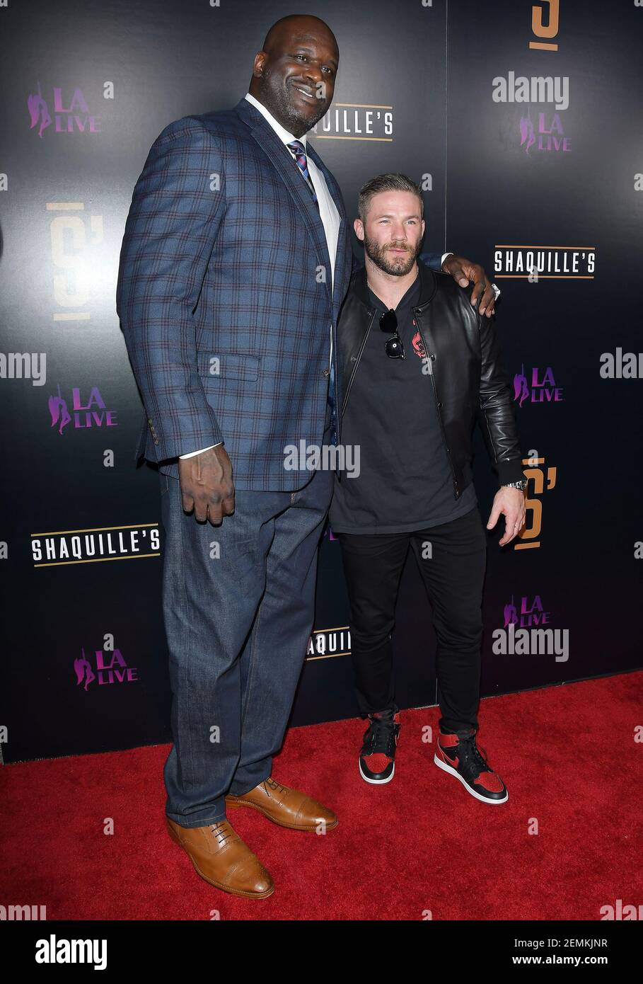 (L-R) Shaquille O'Neal and Julian Edelman at the Grand Opening of ...