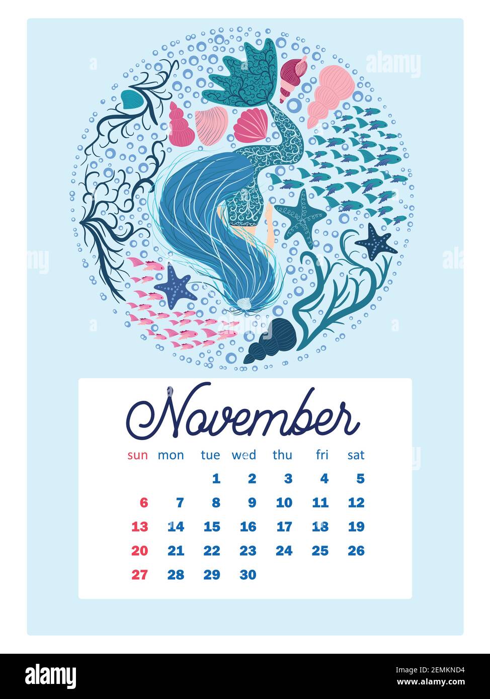 Marine life. calendar design template for 2022, A4 format. Week starts ...