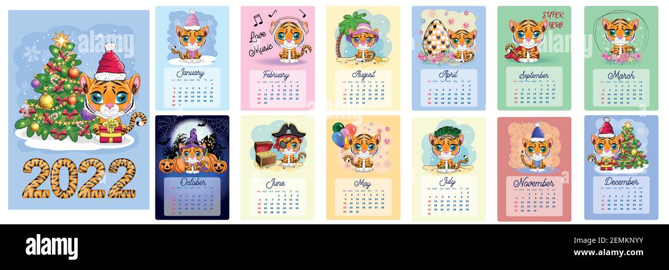 Cute Tiger Wall Calendar Template for 2022, Year of the Tiger, Chinese ...