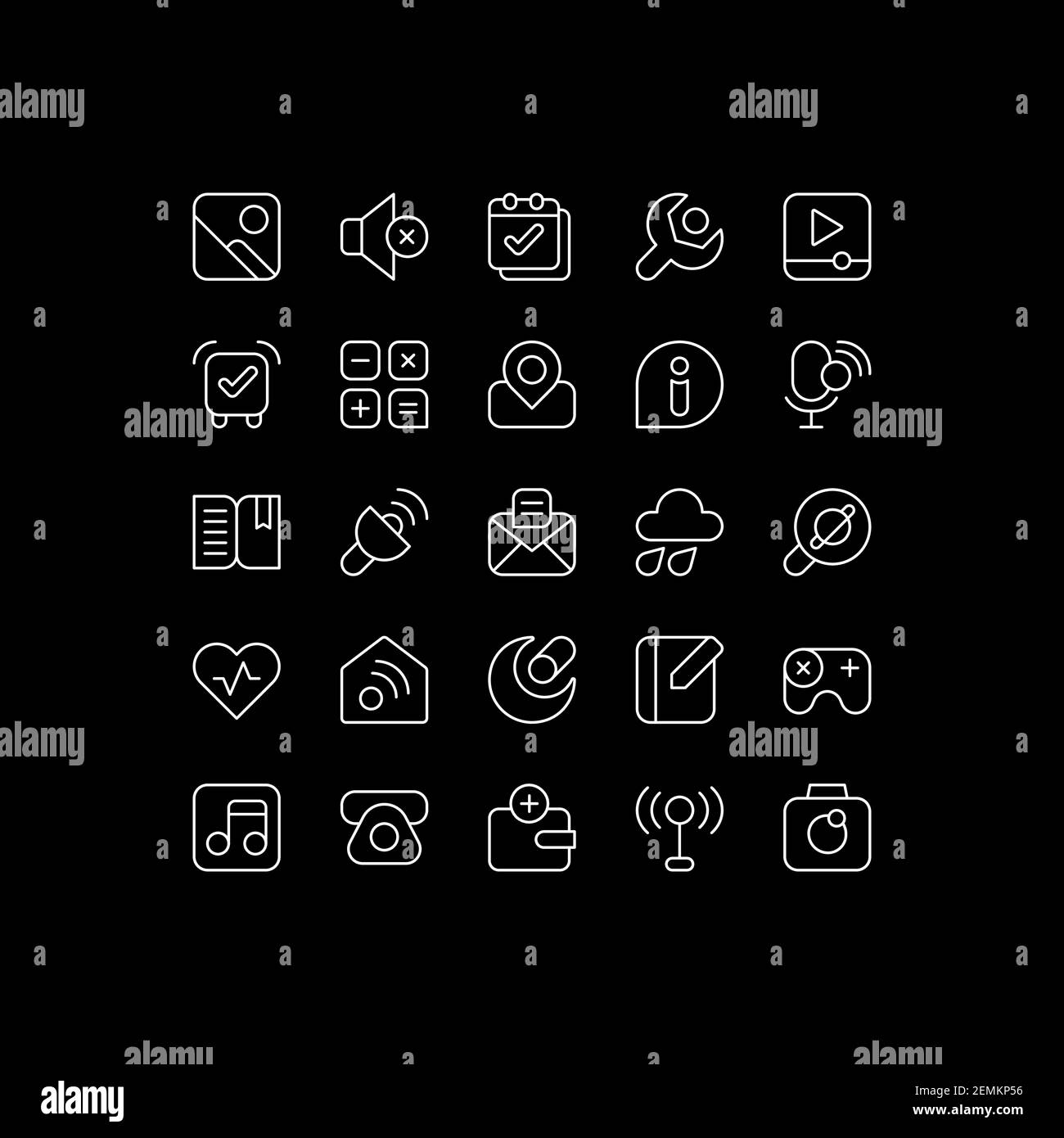 Interface white linear icons set for dark theme Stock Vector Image ...