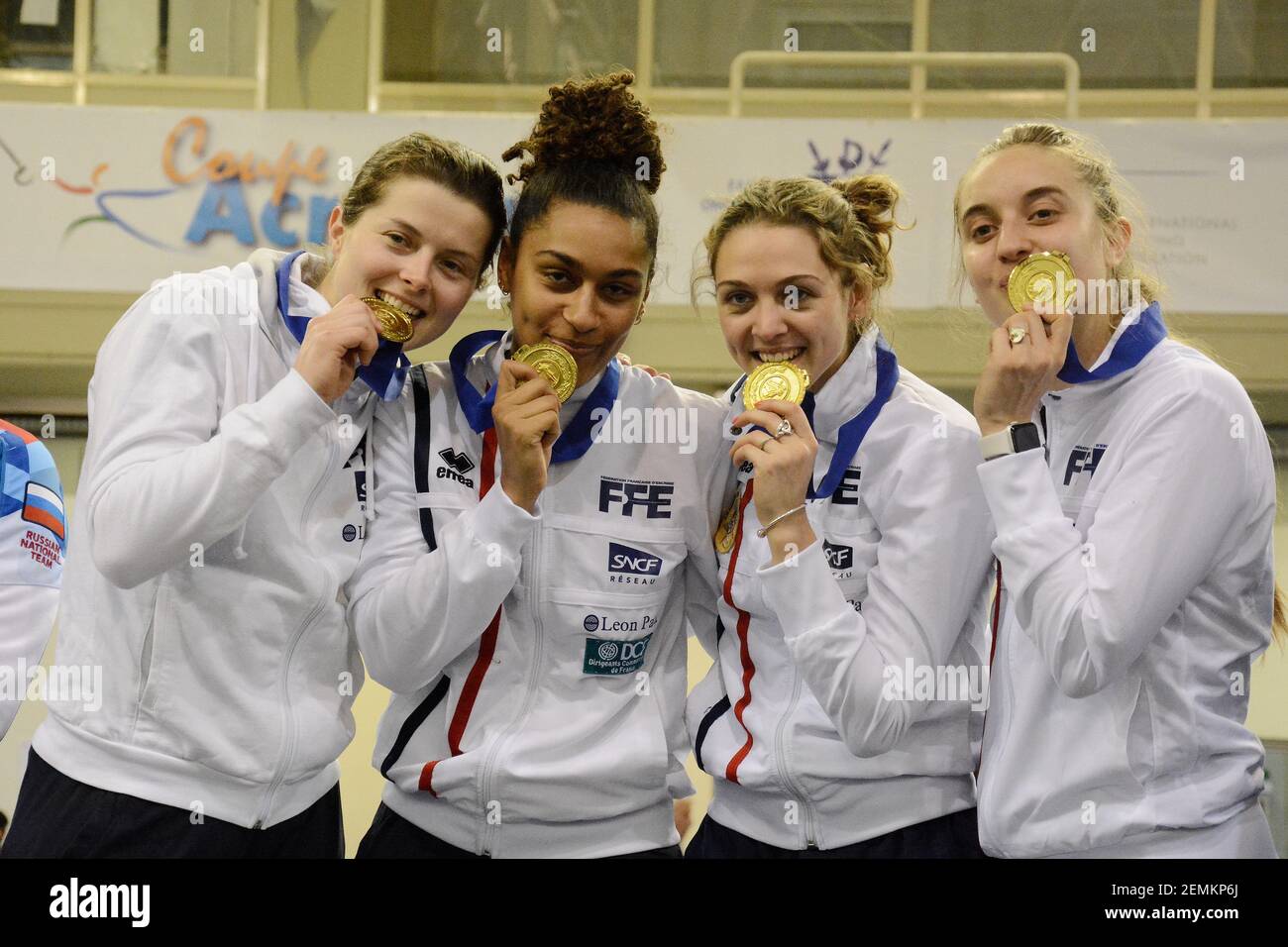 Athletes of Women's fencing team of France are seen celebrating after ...