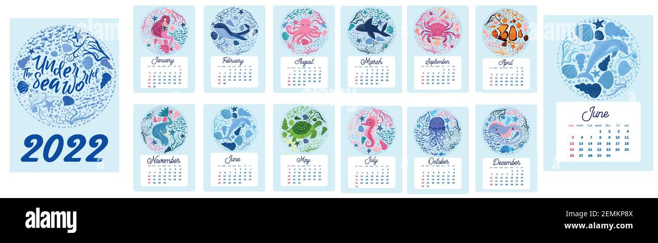 Marine life. calendar design template for 2022, A4 format. Week starts ...